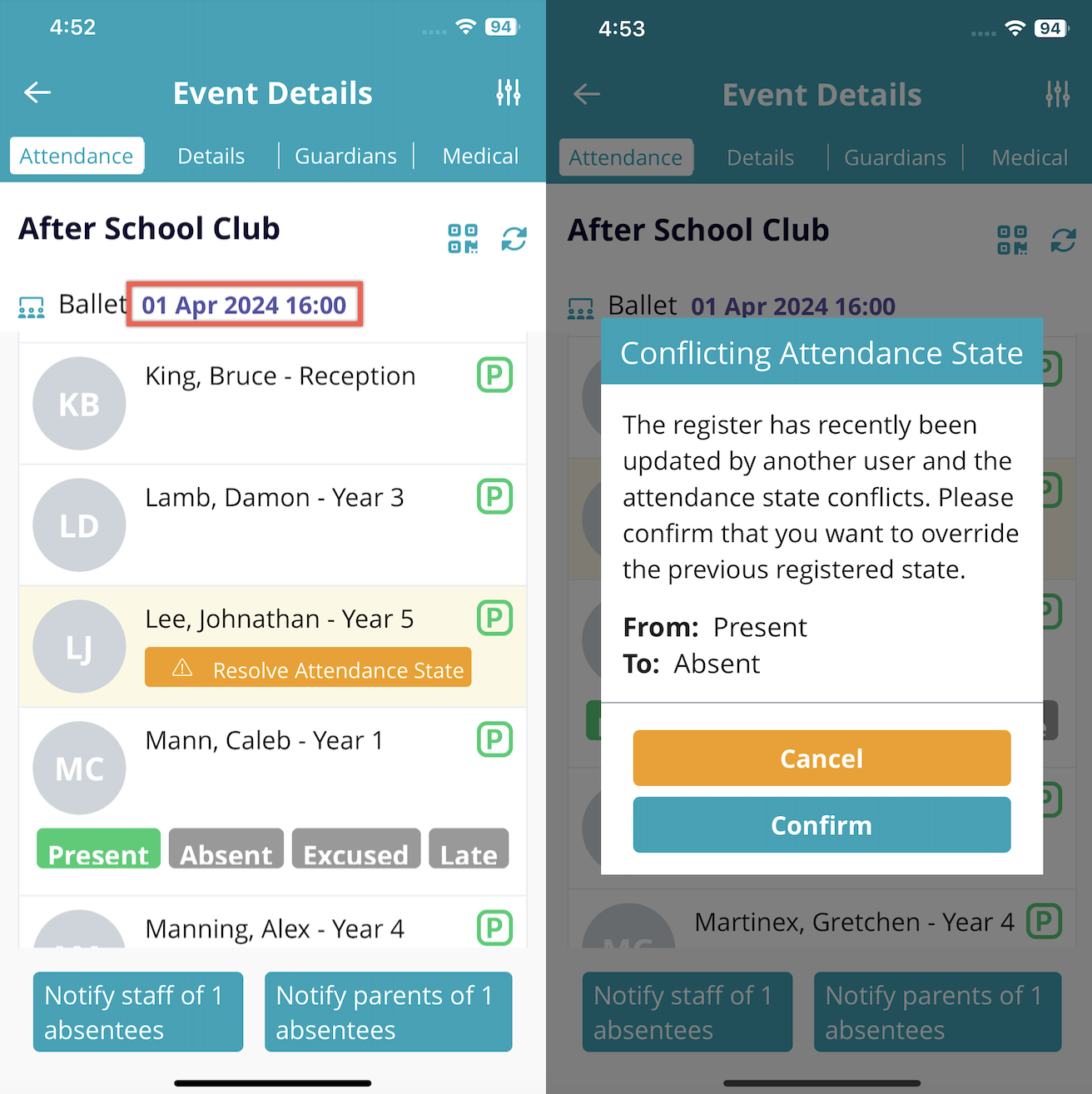 Staff taking attendance for their own groups (via mobile app ...